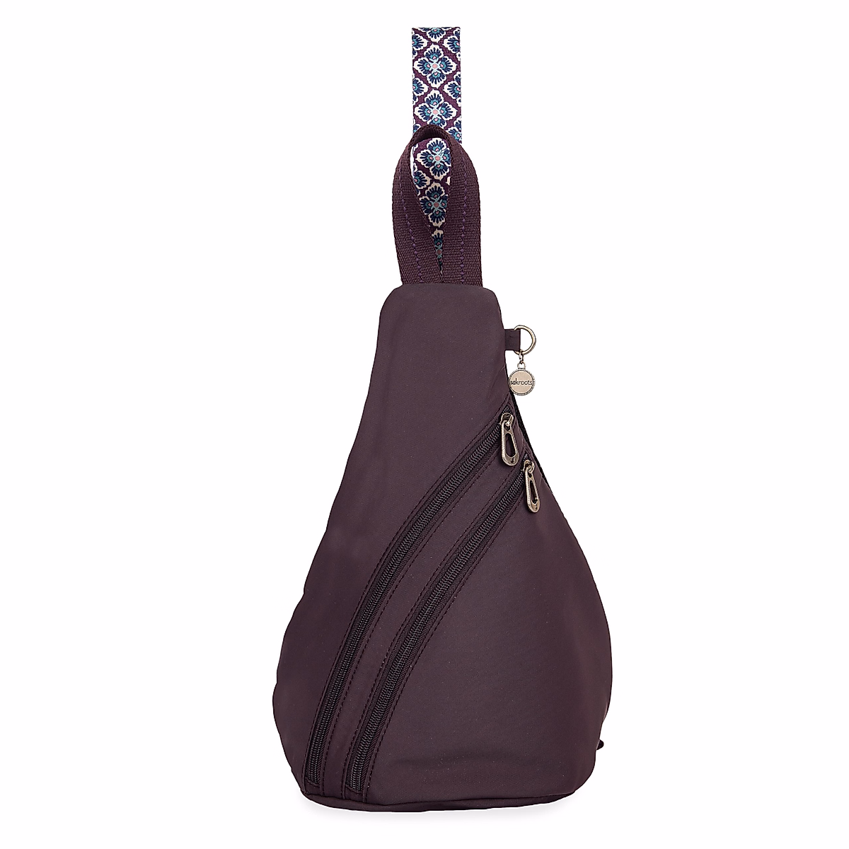 Sakroots On The Go Sling Backpack in Eco Twill, Adjustable Sling Strap, Aubergine