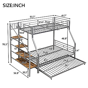 Bellemave Twin Over Full Metal Bunk Beds with Trundle and Storage Staircase,Heavy-Duty Metal Bunk Bed Frame for Kids,Teens,Adults，Space-Saving,Silver
