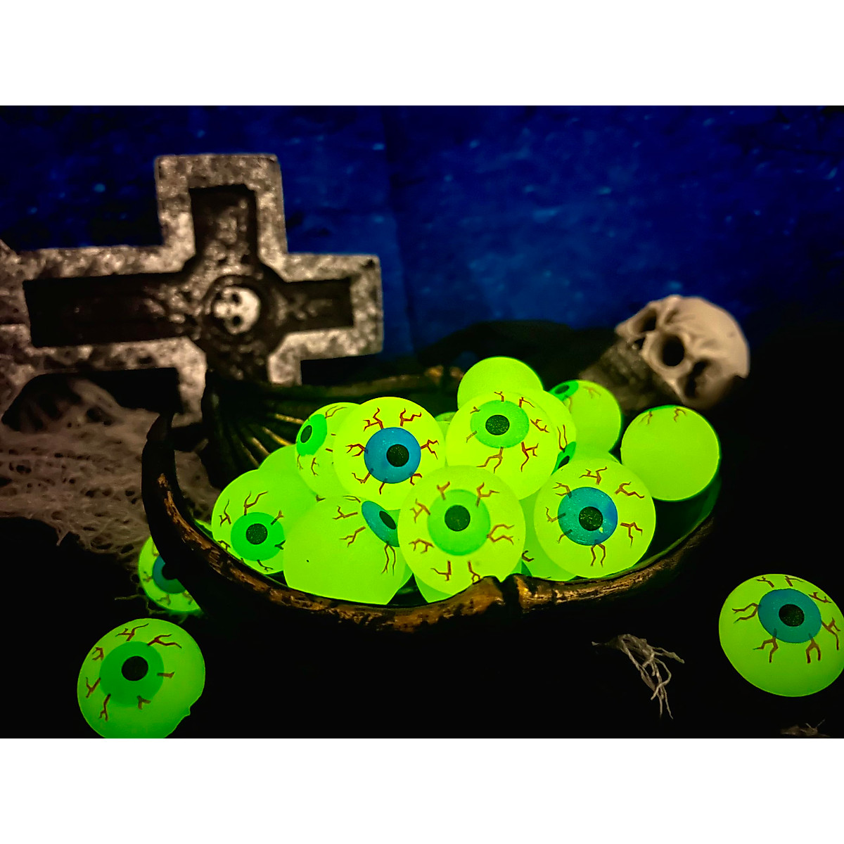 GiftExpress 24ct, 32MM Glow in The Dark Eyeball/Glow in The Dark Bouncy Ball/Halloween Supplies/Halloween Treats/Halloween Toys/Toy Eyeball (24 pc Eyeball)