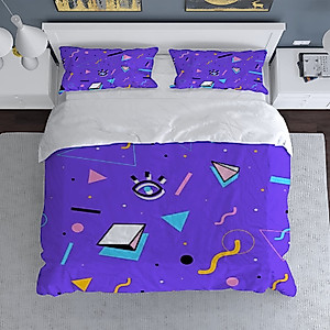 Duvet Cover Sets California King -Retro 80s Triangles-Bedding Comforter Set Breathable SetsSoft Microfiber 3 Pcs