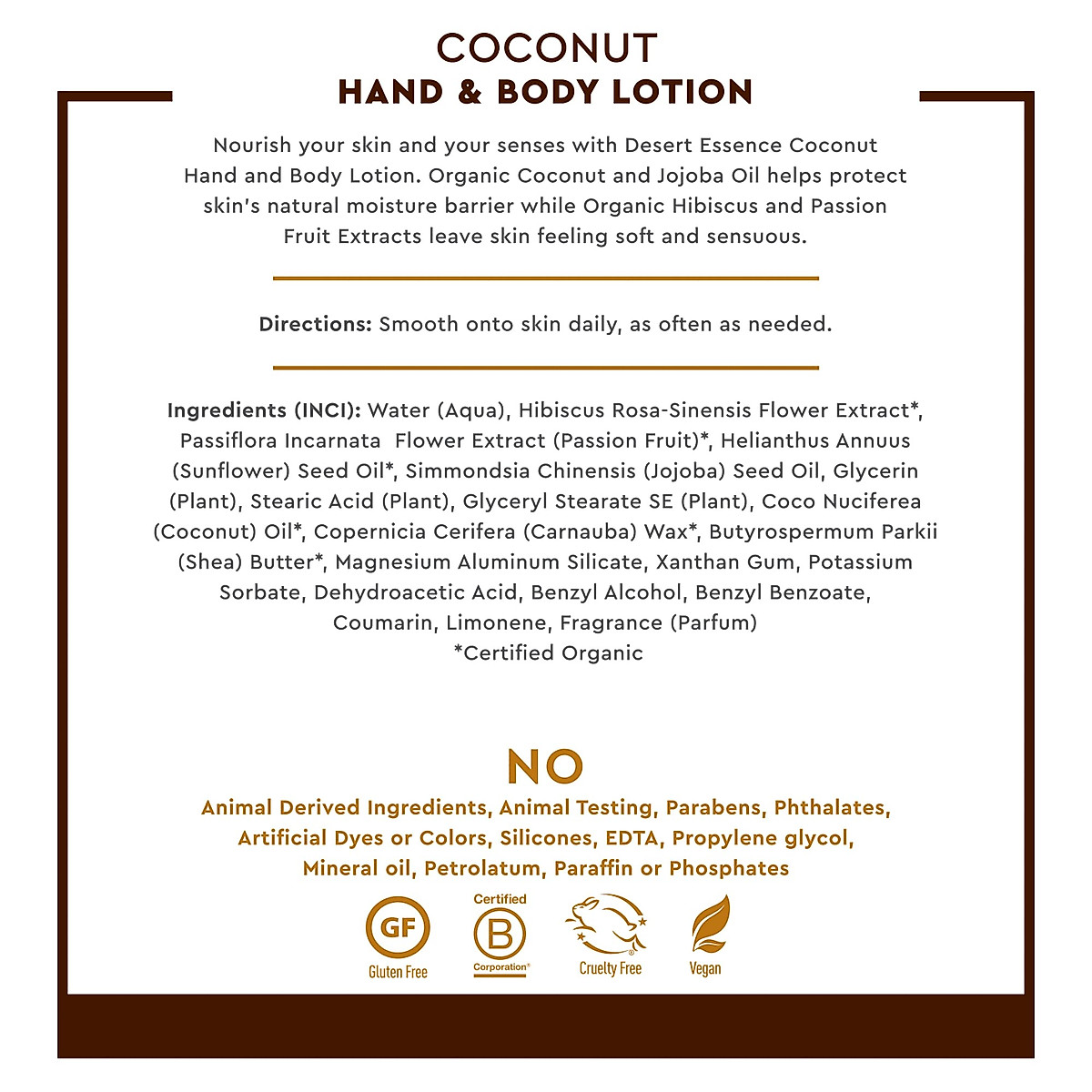Desert Essence Coconut Hand & Body Lotion Nourishing Organic Coconut Oil, Hibiscus Flower Extract & Jojoba Oil - Softens & Moisturizes Skin - Vegan, Cruelty-Free, Sulfate-Free - 8oz (Pack of 2)