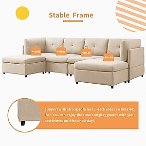 linor Modern U Shaped Convertible Sofa Couch,118'' Modular Sectional Sofa with Tufted Back Cushion, 6 Seat Oversized Sectionals Sofa Couch with Ottomans for Living Room (Linen,Beige)