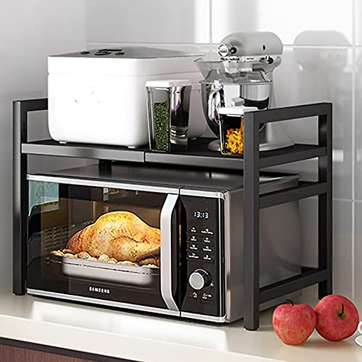 SIMCAS Extendable Microwave Oven Rack, 2-Tier Microwave Stand/Toaster Shelf Heavy Duty Kitchen Countertop Organizer Shelf, 160lbs Weight Capacity, Easy Installation Carbon Steel Upgraded Bearing,Black