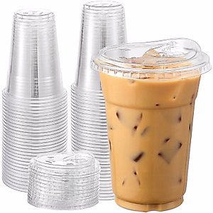 AOZITA 100 Sets, 16 oz Crystal Clear Plastic Cups With Sip Lids, Disposable Cups With Sip Through Lids for Iced Coffee, Smoothie, Milkshake, Cold Drinks