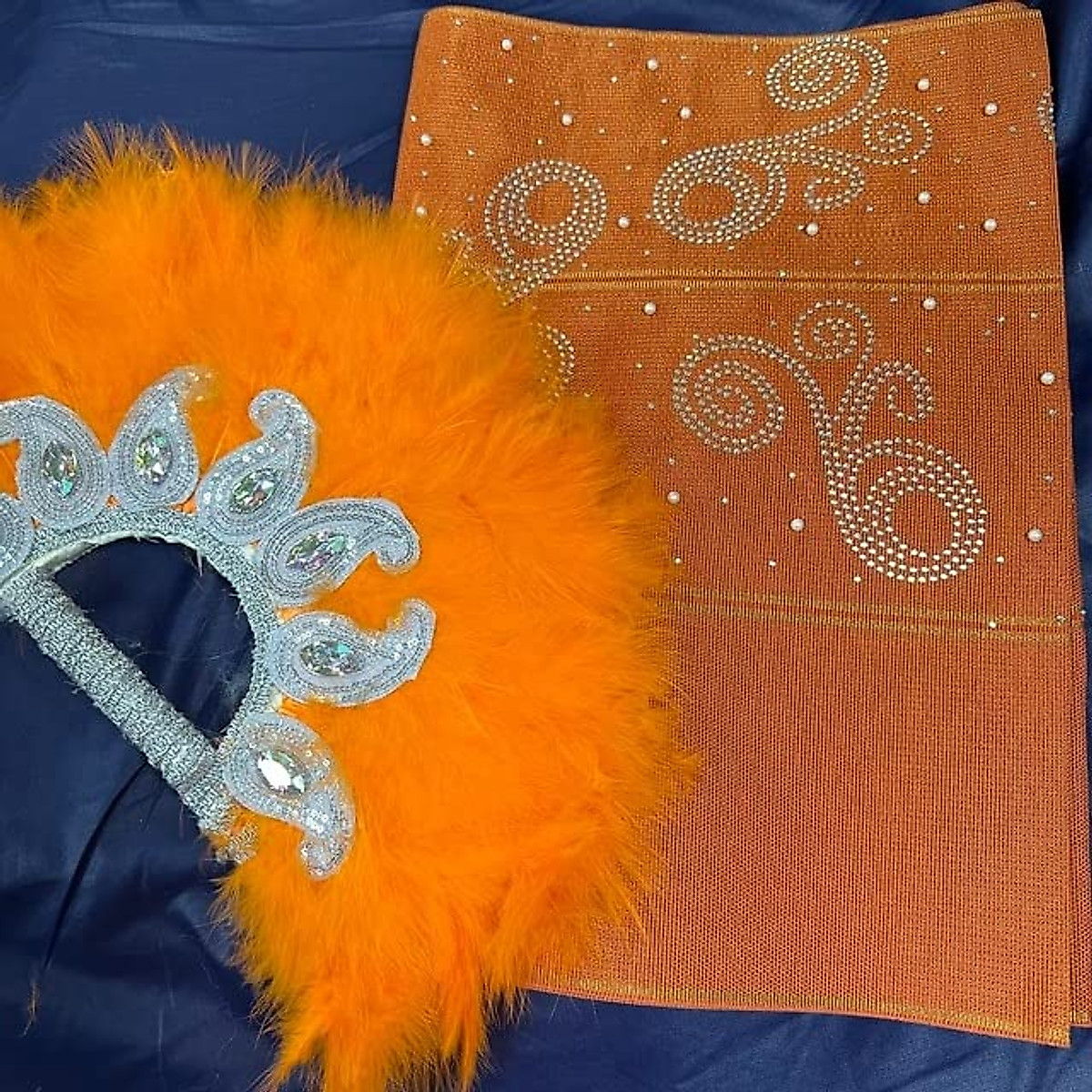 Msbfea Orange Feather Fan with ASO Oke Headtie Matching for Ladies Wedding Party Nigerian Style Fan Design African - ASO Fan Color 216