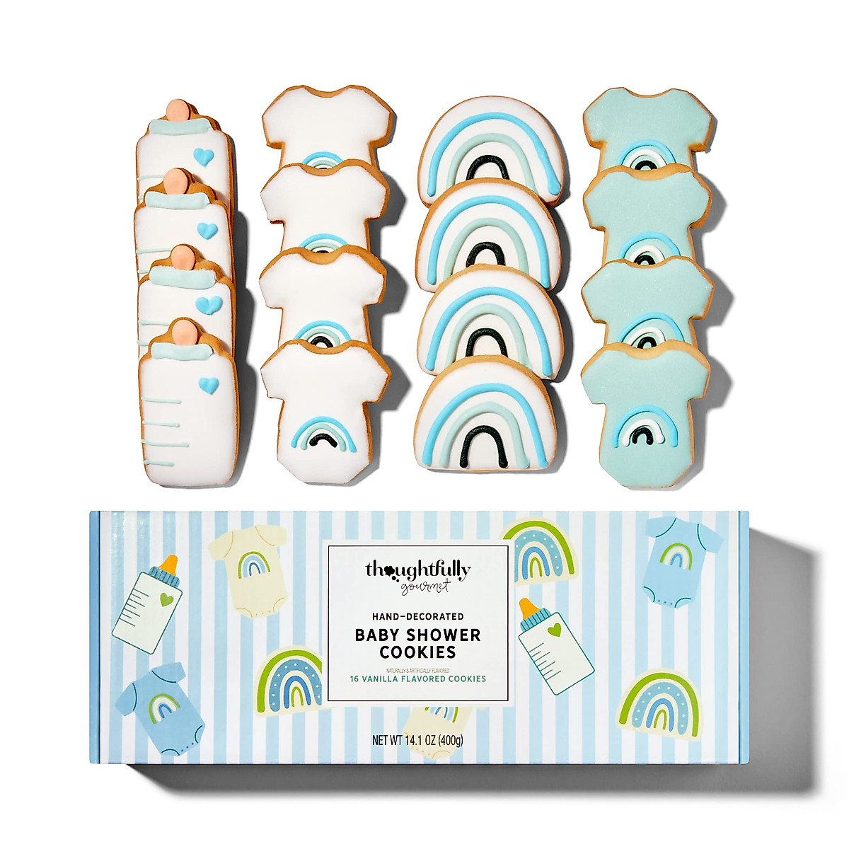 Thoughtfully Gourmet, Light Blue Boy Baby Sugar Cookies for Baby Shower Favors or Gender Reveal, Hand Decorated and Individually Wrapped, Set of 16