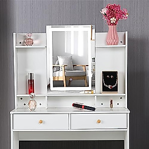 Modern Vanity Table with LED Lighted Mirror, Makeup Vanity Desk with 2 Drawers,Vanity Table Mirror with 3 Color Modes,Multiple Shelves & Cushioned Stool,Dressing Table for Bedroom