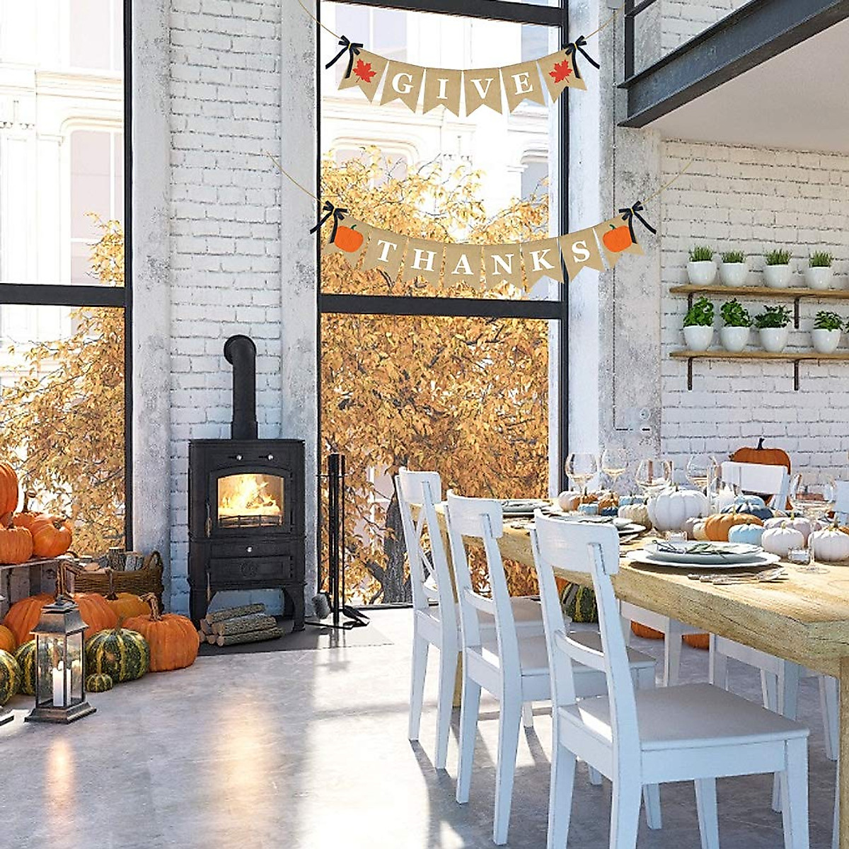 ERKOON Thanksgiving Banner, Give Thanks Burlap Banner Garland Bunting Banner for Harvest Time Thanksgiving Party Decoration