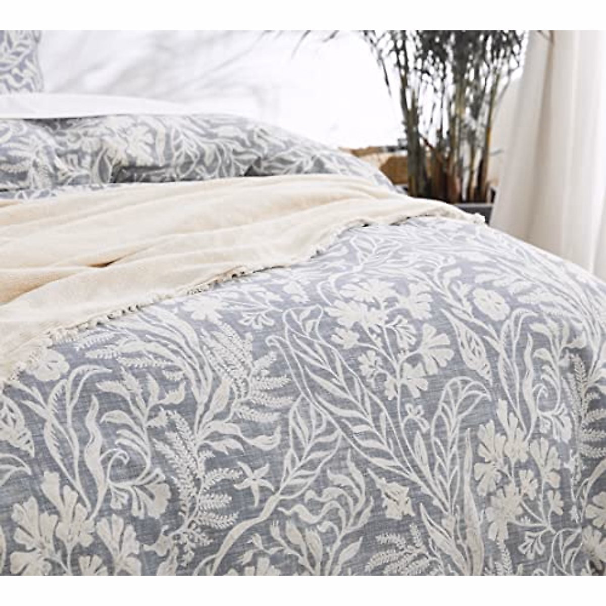 DAUAOTO King Size Duvet Cover Set - 104"X90" Cover + 2 Pillow Shams, Cotton Bedding Sets, Bluish Gray Botanic Pattern