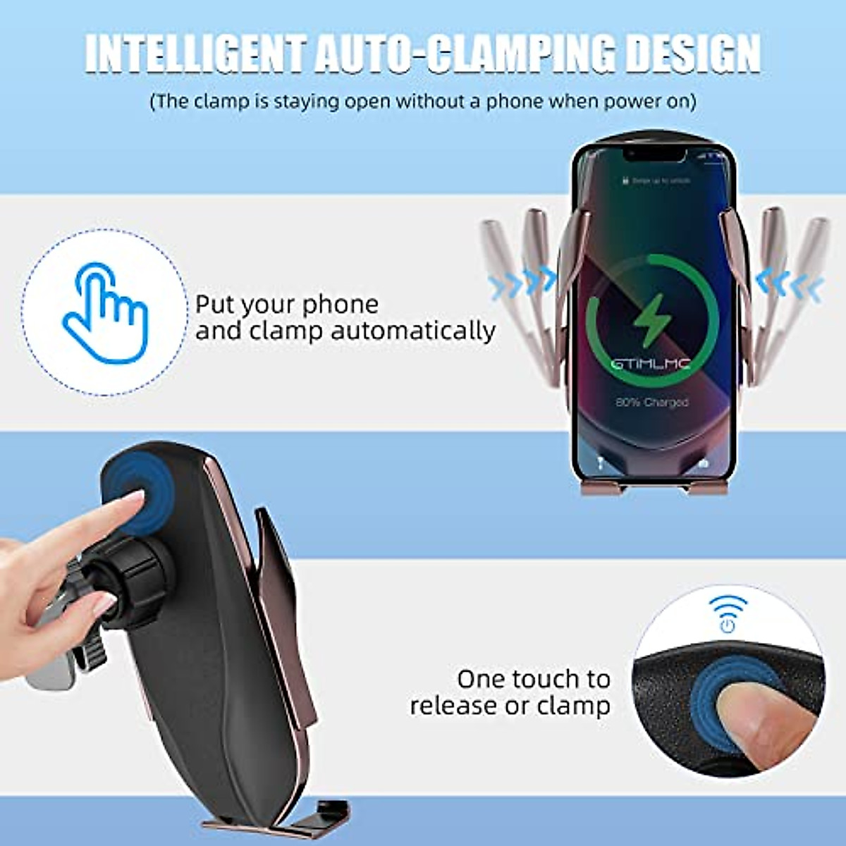 GTIMLMC Wireless Car Charger Vent Mount Qi 15W Fast Charging 360° Rotating Auto Clamping Phone Holder Suitable for iPhone 13/12/11/ Pro/Max/X/XS/XR/8/8P Samsung S22/S21 +/S20/S10/S9/S8/Note 20/10/9/8