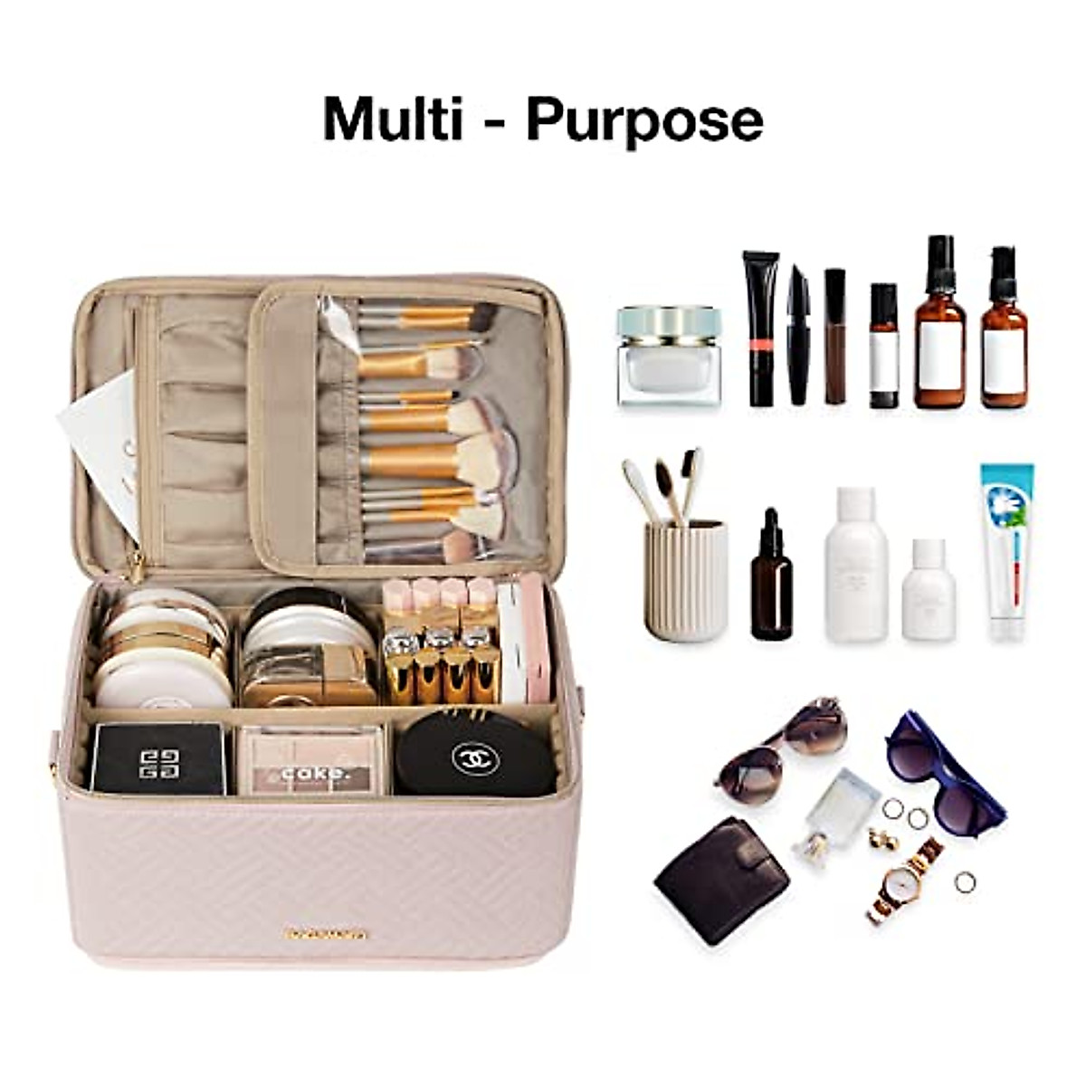 BAGSMART Medium Makeup Bag, Double Layer Large Cosmetic Makeup Organizer Travel Makeup Train Case with Shoulder Strap for Cosmetics Makeup Brushes Toiletries Travel Accessories (Pink)