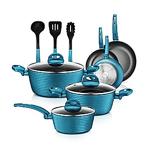 NutriChef Kitchenware Pots&Pans Stylish Cookware, Non-Stick Coating Inside&Outside+Heat Resistant Lacquer, Light Gray Inside and Green Outside(12-Piece Set), One Size, Teal