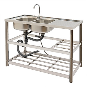 Free Standing Stainless-Steel Double Bowl Stainless Steel Utility Sink, Commercial Restaurant Kitchen Sink Set w/Faucet & Drainboard, Washing Hand Basin w/Workbench & Double Storage Shelves