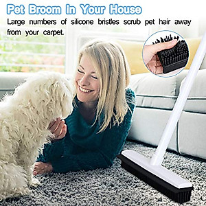 Push Broom, Soft Bristle Rubber Sweeper Squeegee Edge with 60 inches Adjustable Long Handle, Non Scratch Bristle Broom for Pet Dog Hair Carpet Hardwood Floor Tile Windows Cleaning (White)