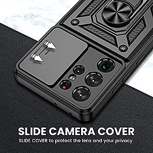 VEGO for Galaxy S21 Ultra Case with Slide Camera Cover, Built-in 360° Rotate Ring Kickstand Magnetic Cover Case for Samsung Galaxy S21 Ultra 5G 6.8 inch - Black