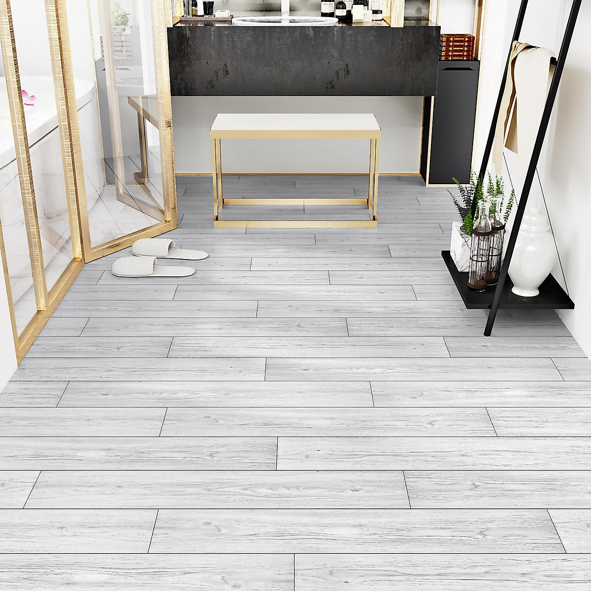 Skyblur 32PCS White Grey Wood Vinyl Flooring Planks Peel and Stick Floor Tile Adhesive Peel and Stick Flooring Stick on Tiles for Bedroom Floor Balcony Bathroom Vinyl Floor Stickers 35x6 Inch
