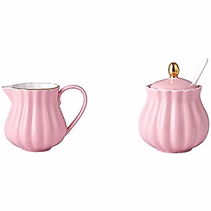 KURKUR French Press Coffee Maker, Porcelain Creamer And Sugar Set With Lid Pumpkin Fluted Shape Coffee Serving Set Milk Pitcher 220cc/7.4oz For Coffee And Tea (Color : Pink)
