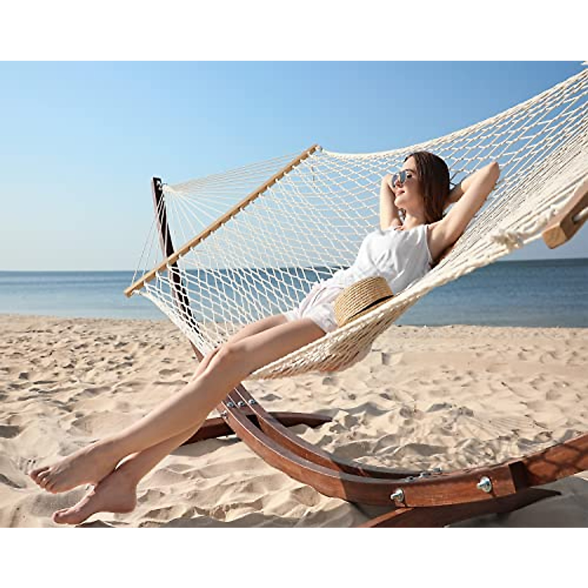 GLOSSDAY 13 FT Rope Hammock, Outdoor Double Hammock for Large Woven, Cotton Rope Hammocks for Outside 2 Person, with Chains, Tree Hooks and Carrying Bag, 450 lbs Weight Capacity