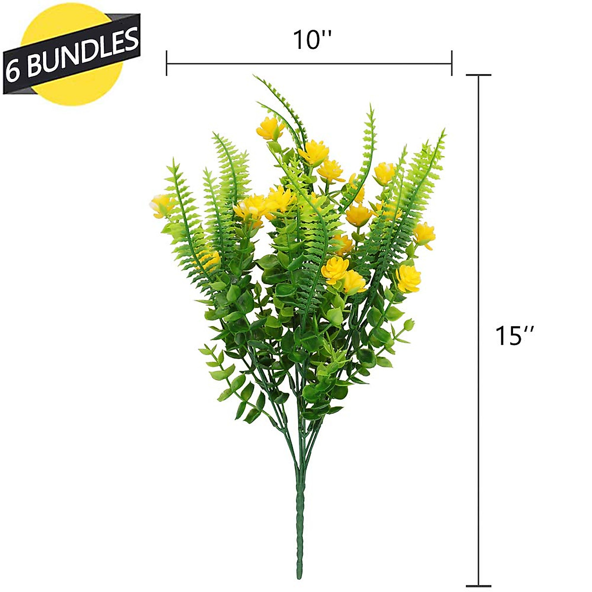 GREENRAIN 6 Bundles Artificial Flowers Outdoor Fake Plants UV Resistant Faux Plastic Flowers Garden Window Box Porch Home Decor Yellow + Purple