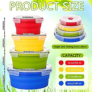 Nuenen Set of 8 Collapsible Food Storage Containers with Lids Silicone Flat Collapsible Bowls for Stacks Travel Camping Meal Prep Container for Kitchen, Freezer Microwave Dishwasher Safe (Round)