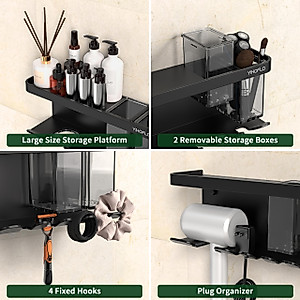 YIHOFLO Hair Dryer Holder Wall Mounted Adhesive/Drilling, Hair Dryer Storage Organizer with Shelf & Hooks. Hair Dryer Rack for Bathroom, Blow Dryer Holder, Hair Tool Organizer (Black)