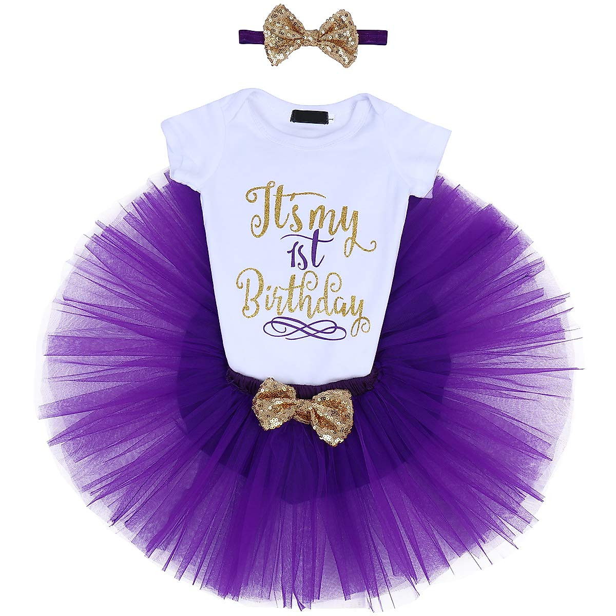 ODASDO It’s My 1st First Birthday Outfit Newborn Infant Baby One Year Party Cake Smash Set Princess Dress Cotton Short Sleeve Bodysuit Romper Tutu Skirt Sequin Bowknot Headband 3pcs Purple 1st 1T