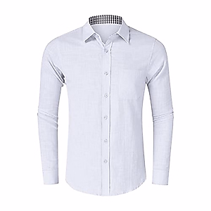 Men Lightweight Casual Plaid Dress Shirt Stylish Solid Button Down Shirts Patchwork Slim Fit Long Sleeve Shirts (White,Small)
