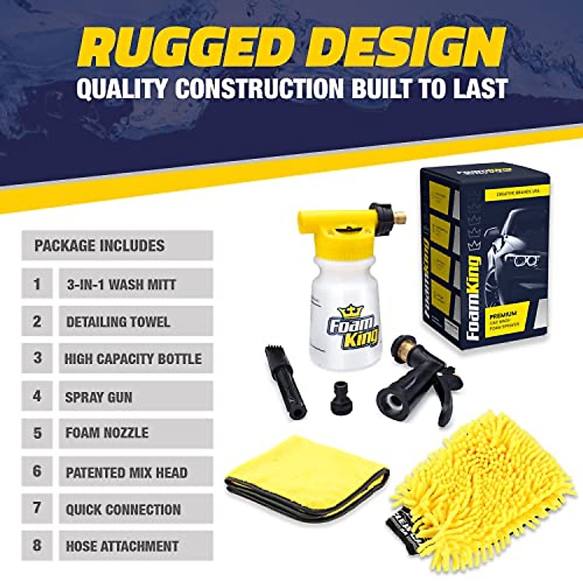 Foam King™ Foam Gun Car Wash + Microfiber Wash Mitt + Detailing Towel - Connects to Garden Hose - Ultimate Scratch Free Cleaning - Snow Foam Blaster Foam Cannon Car Washing Kit