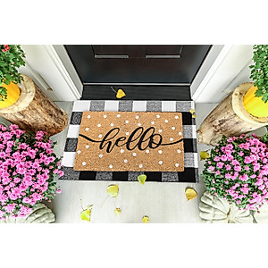 Emerson 100% Coir Doormats, 2-Pack Front Door Mats for Outdoor Entrance – 30” x 18” Welcome Mat for Home, 2-in-1 Entryway Patio + Layered Buffalo Plaid Rug, Indoor Porch Mat – Heavy Duty (Hello)