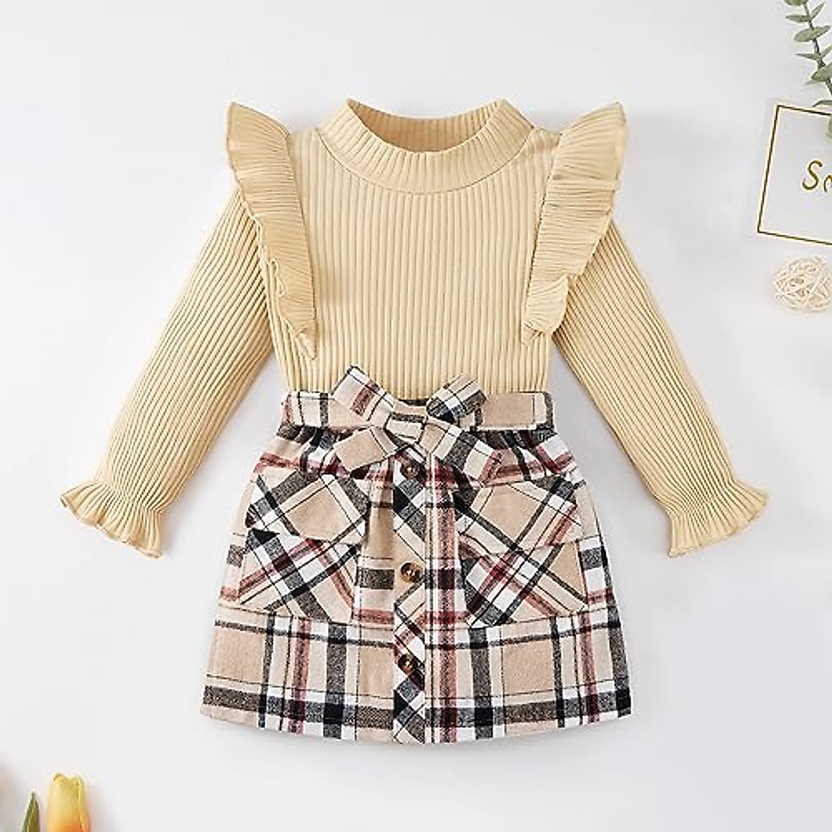 Weixinbuy 4t Girl Clothes Toddler Girl Clothes Fall Outfits Long Sleeve Turtleneck Knitted Sweater Top Plaid Mini Skirts Set Khaki 4-5T