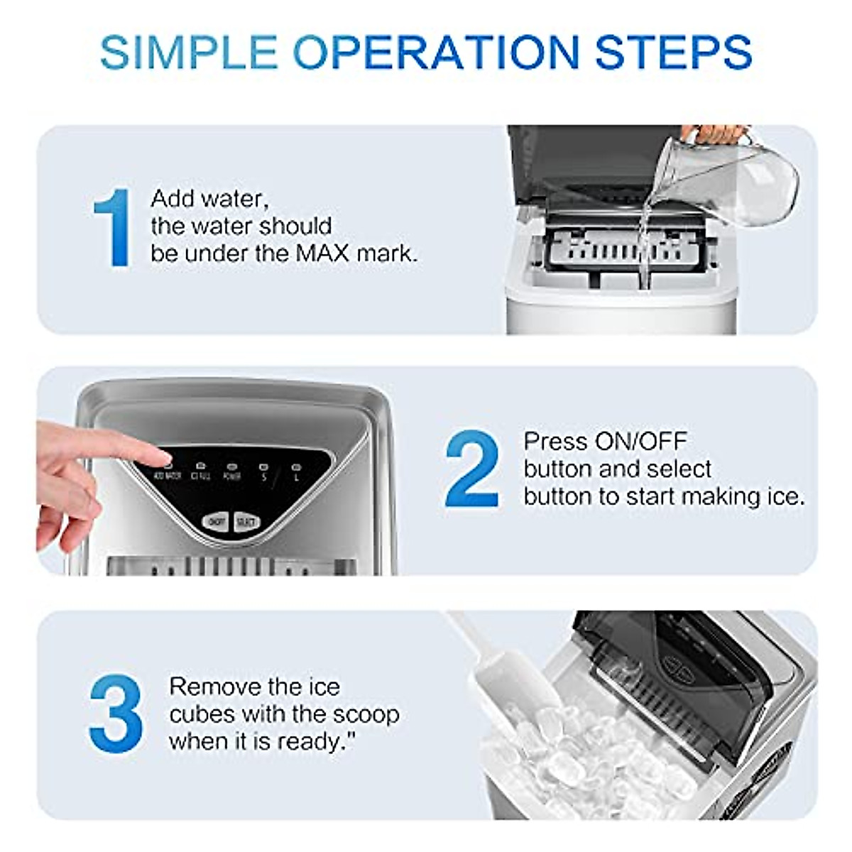 Ice Makers Countertop, Self-Cleaning Function, Portable Electric Ice Cube Maker Machine, 9 Ice Cubes Ready in 6 Mins, 26lbs 24Hrs with Ice Bags and Ice Scoop Basket for Home Kitchen Office Bar(Silver)