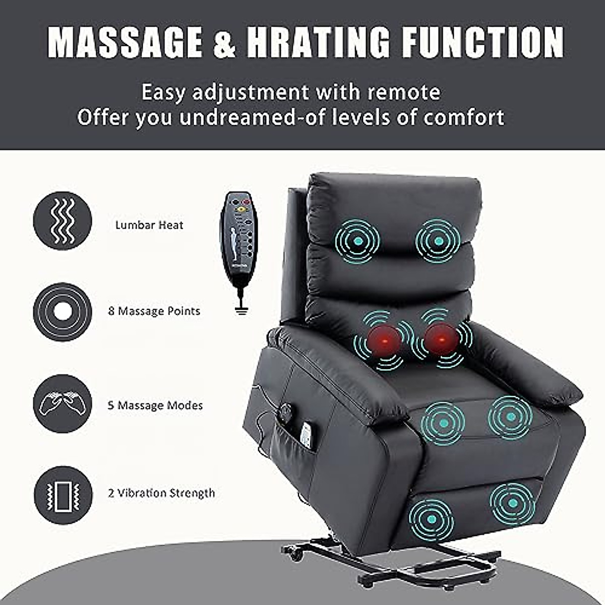 resiova Electric Power Lift Recliner Massage Chair for Living Room,Home Theater Seating with Heat and Adjustable Single Sofa for Back,Lumbar,Legs w/2 Positions,Black