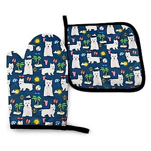 Westie Dogs Beach Summer Tropical Oven Mitts and Pot Holders Set Kitchen Gift Set for Kitchen Cooking Baking, BBQ