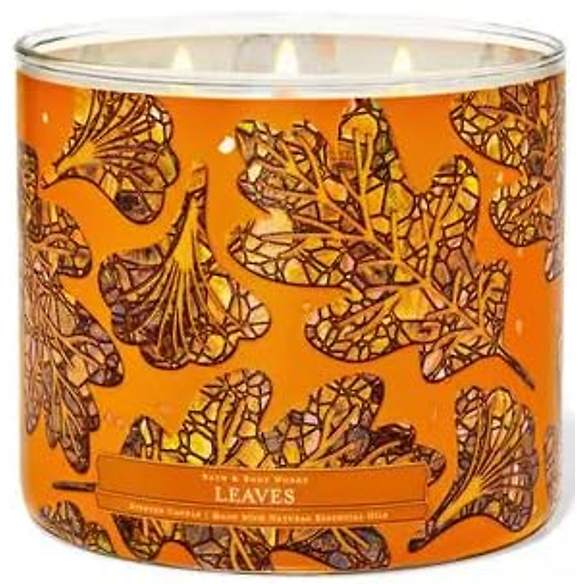 Bath and Body Works White Barn Leaves 3 Wick Candle 14.5 Ounce Golden Autumn Label