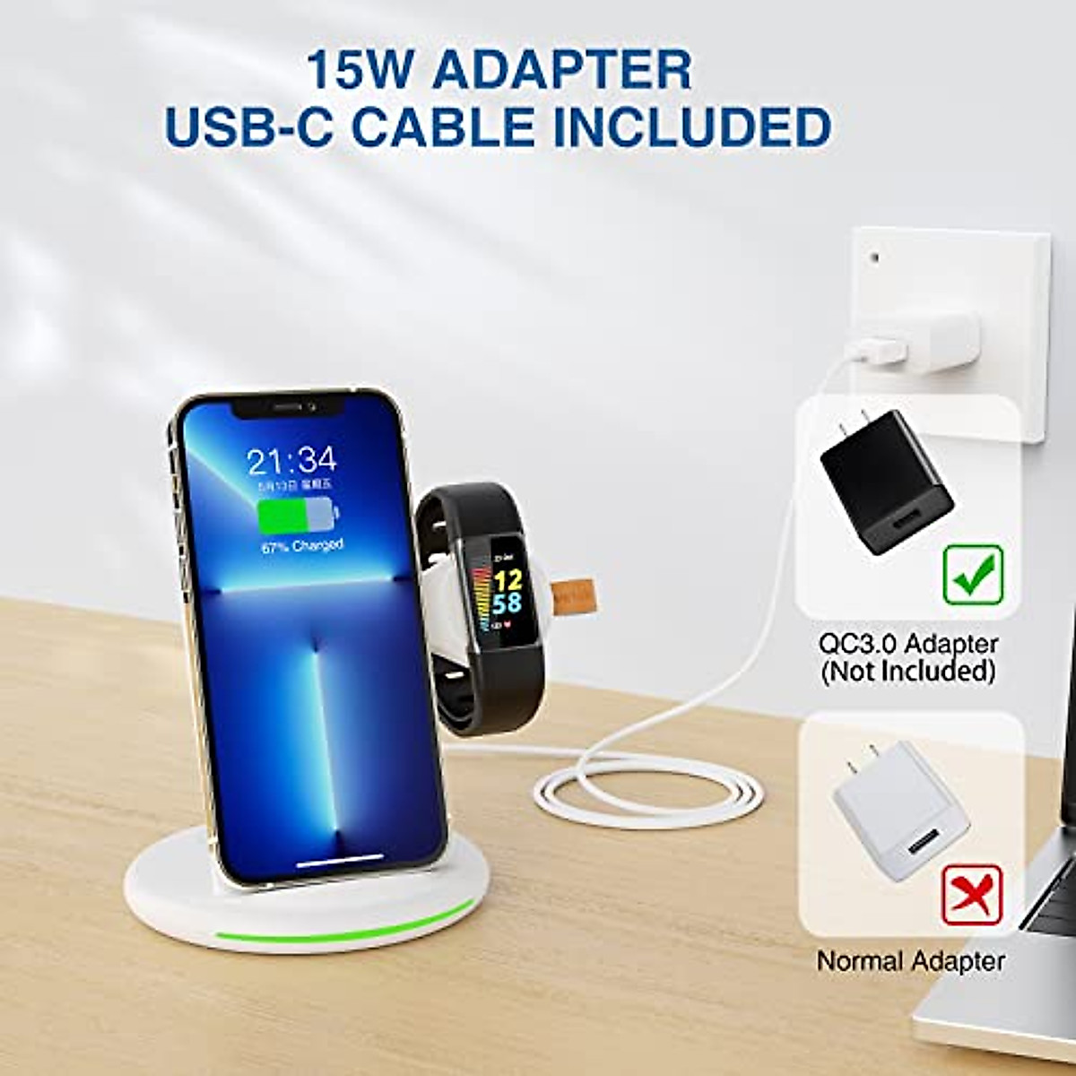 KOJACMUR 3 in 1 Wireless Charger for Fitbit Charge 5/Fitbit Luxe,Wireless Charging Station Compatible for iPhone 14/12 Pro Max/13/11/8, for Samsung Galaxy S22+ S22, for AirPods Pro/3 (White A)