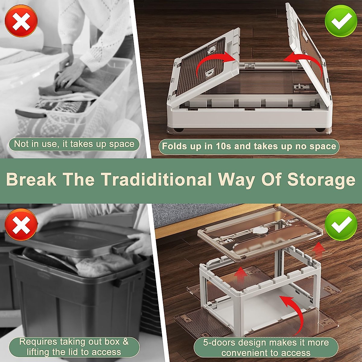 ocharzy Stackable Storage Bins,Collapsible Storage Bins with Lids and Doors,Folding Storage Boxes with Wheels,Plastic Storage Bins for Office,Home Storage