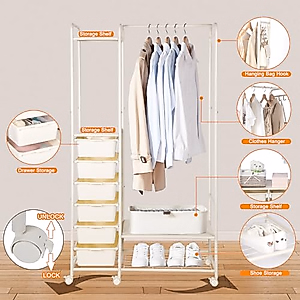 PACHIRA E-Commerce Rolling Clothes Rack for Hanging Clothes 6 Drawers, White Clothing Racks on Wheels Freestanding Clothing Garment Rack 37" W x 14.5" D x 66" H