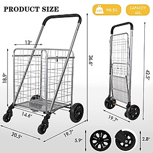 Shopping Cart with Wheels, Realife Folding Utility Cart with Brake for Grocery, Holds Up to 90lbs, Silver