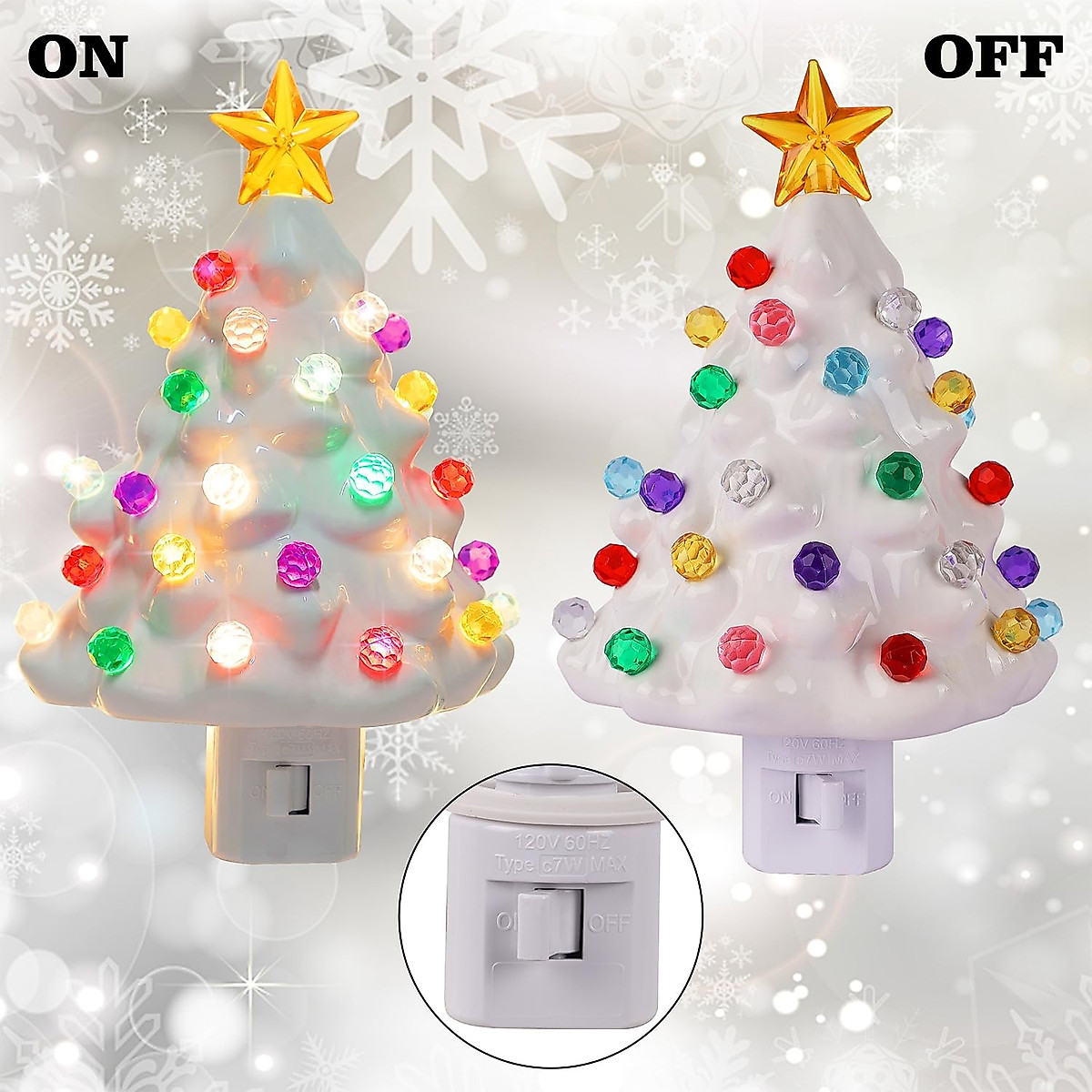 Hausse White Christmas Tree Night Light, Decorative Ceramic Xmas Tree Nightlight with Lamp for Kids, Multicolor Bulbs & 360 Degree Swivel Plug with On/Off Switch for Kitchen Bathroom Bedroom Decor