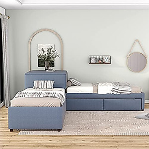Merax L-Shaped Platform Bed with Trundle and Two Drawers Linked with Built-in Desk, Twin, Grey (Upholstered)