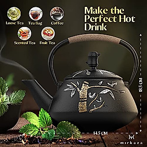 Tea Kettle, Cast Iron Tea Pot with Stainless Steel Infuser, Japanese Tea Pots for Stove Top, Unique Hand Painted Bamboo Pattern, Teapots with Enameled Interior, Tetsubin Tea Kettle, 800ML