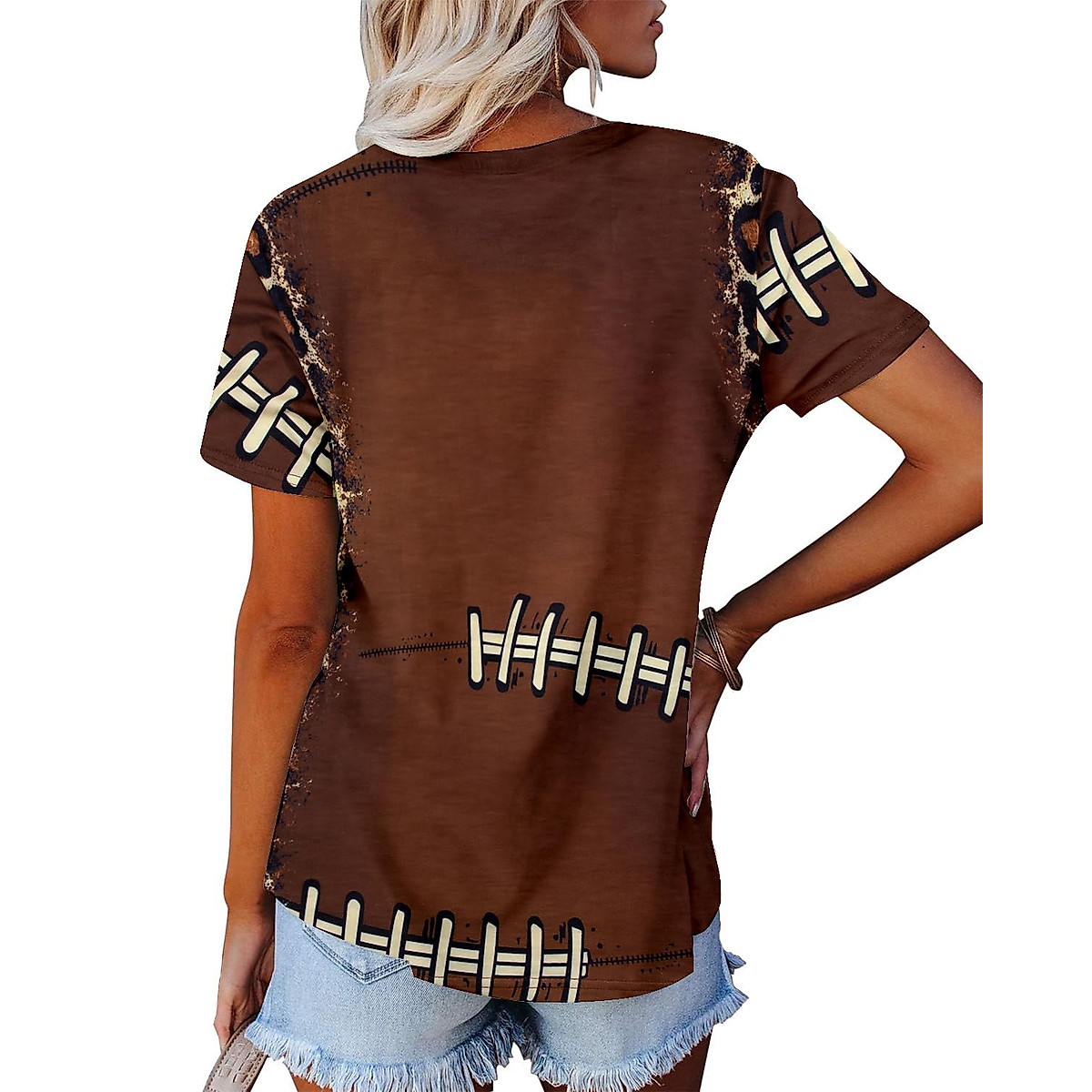 Women Football Shirt Game Day Shirt Love Football Print Tee Football Season T-Shirt Vintage Bleached Short Sleeve Top Bronze