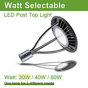 LED Post Top Pole Light with Dusk to Dawn Photocell, 20W/30W/40W/60W Wattage Selectable, 3000K/4000K/5000K CCT Tunable, LED Garden Area Lights for Pathway IP65 Waterproof