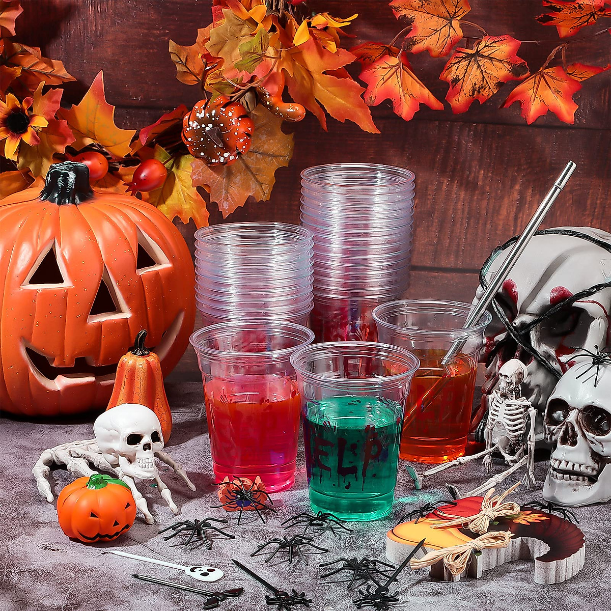 Meanplan 90 Pcs 12 oz Halloween Plastic Party Cups Disposable Clear Cups Scary Printed Party Cups Happy Halloween Cups for Liquor Coffee Juice and Hot Cold Drinks Party Supplies (Scary Style)
