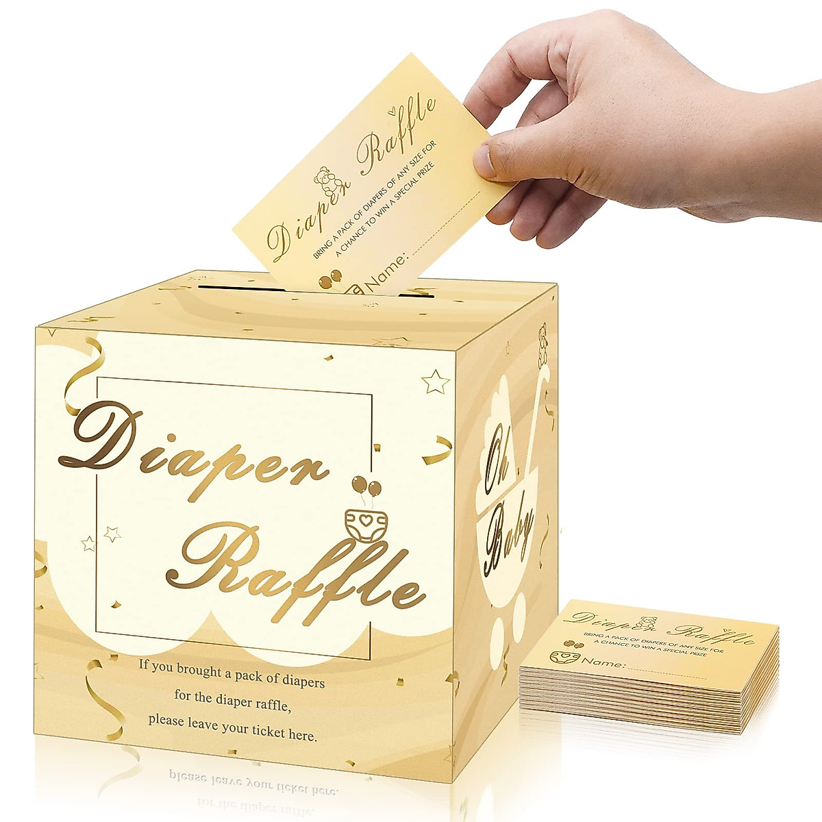 Angela&Alex 50 Pcs Diaper Raffle Tickets for Baby Shower Games with Diaper Raffle Box Invitations Sign Cards for Boy & Girl Gender Reveal Party Decorations Baby Shower Décor Supplies - Gold