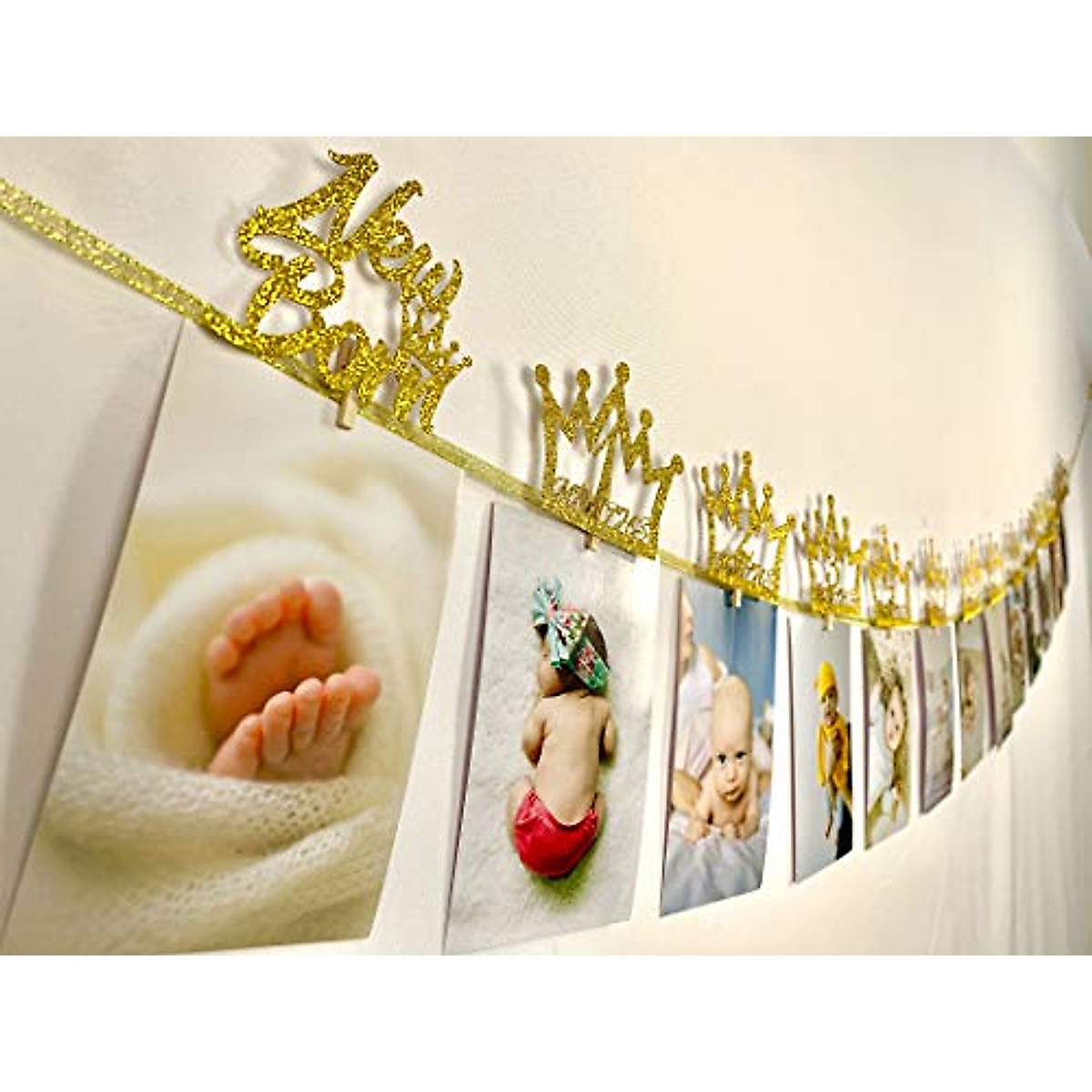 First Birthday Decorations, 1st Birthday Photo Banner for Newborn to 12Months, Gold “ONE” Birthday Banner and ONE Cake Topper for Birthday Party (Gold Glitter)