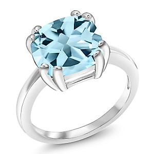 Gem Stone King 925 Sterling Silver Sky Blue Topaz Engagement Ring | Double Prong Ring for Women | 4.25 Cttw | Cushion Cut 10MM | Gemstone Birthstone | Available in size 5, 6, 7, 8, 9