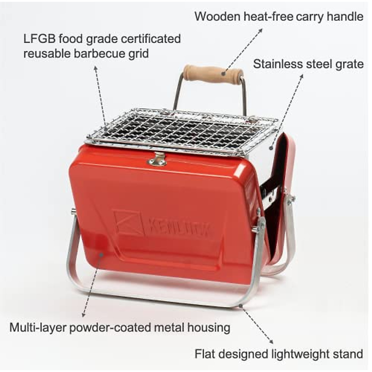 KENLUCK Mini Charcoal Grill, Portable Backpack Stainless Steel BBQ Grill, Table Top Collapsible Barbecue Grill for Small Patio and Backyard, Foldable Outdoor Accessories for Camping, Picnic, Beach (Lucky Gloss Red)