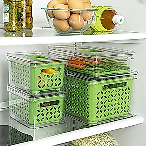 Goodful Produce Keeper, Adjustable Air Vents, Removable Insert/Colander, Durable Food Safe Material, Stackable, Clear and Green, Flat, 11.6" x 6.8" x 2.8"