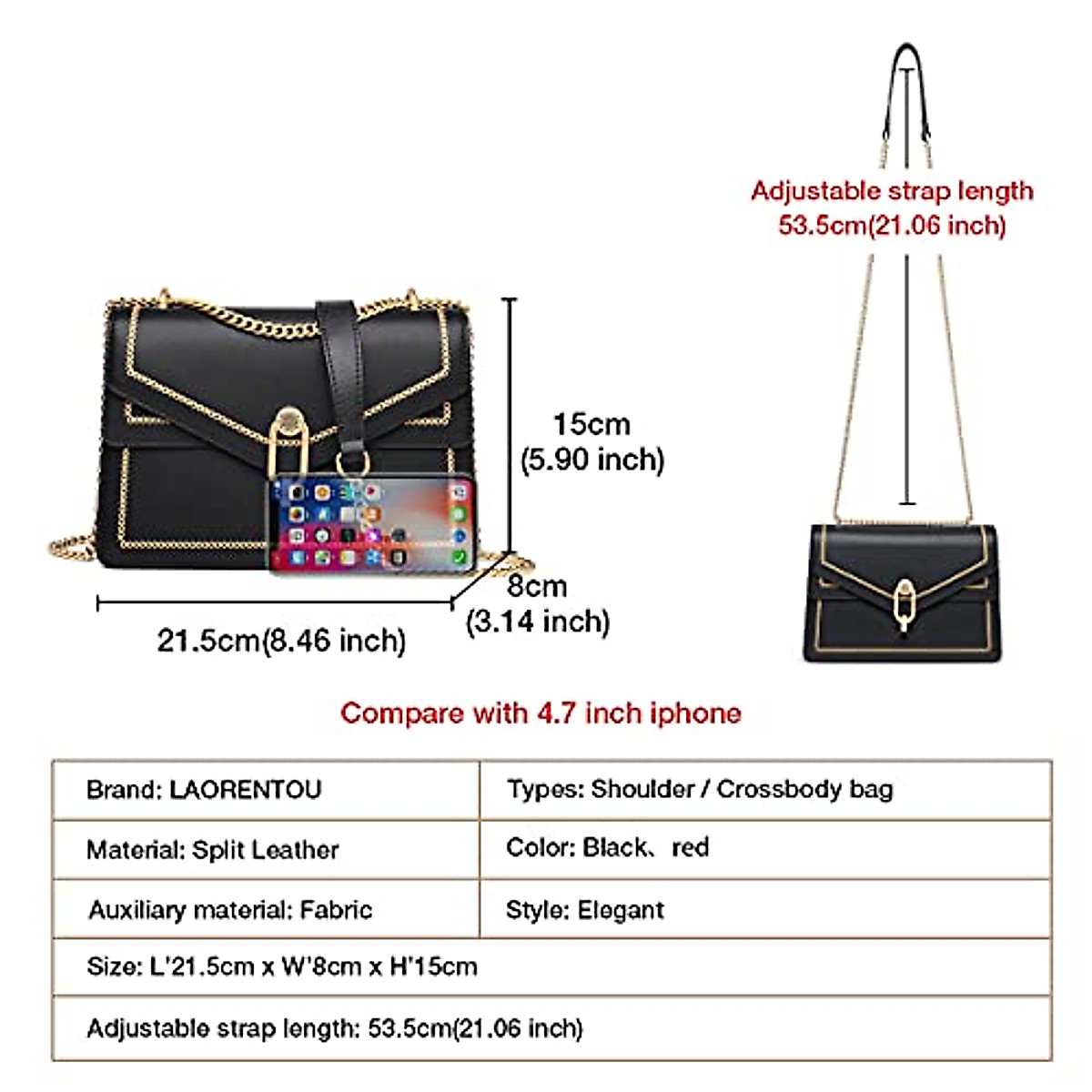 LAORENTOU Cow Leather Quilted Purse and Handbags for Women Satchel Shoulder Bags with Chain Strap, Ladies Chain Crossbody Bags (Black)